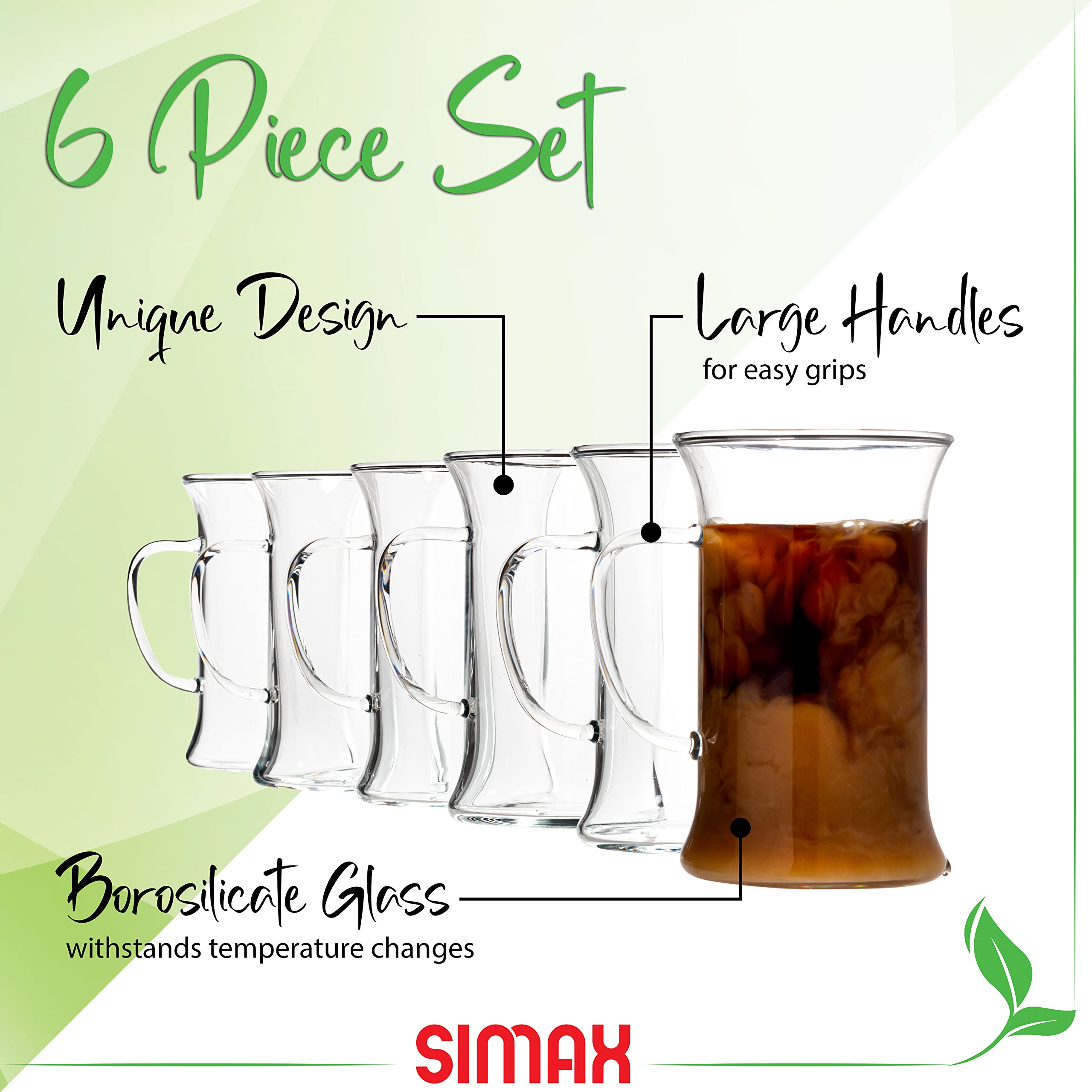 Simax Glassware Irish Coffee Tea Glasses - Cold, Heat, and Shock Resistant Borosilicate Glass, Microwave and Dishwasher Safe, Includes Six (6) 8.5 Ounce Cups