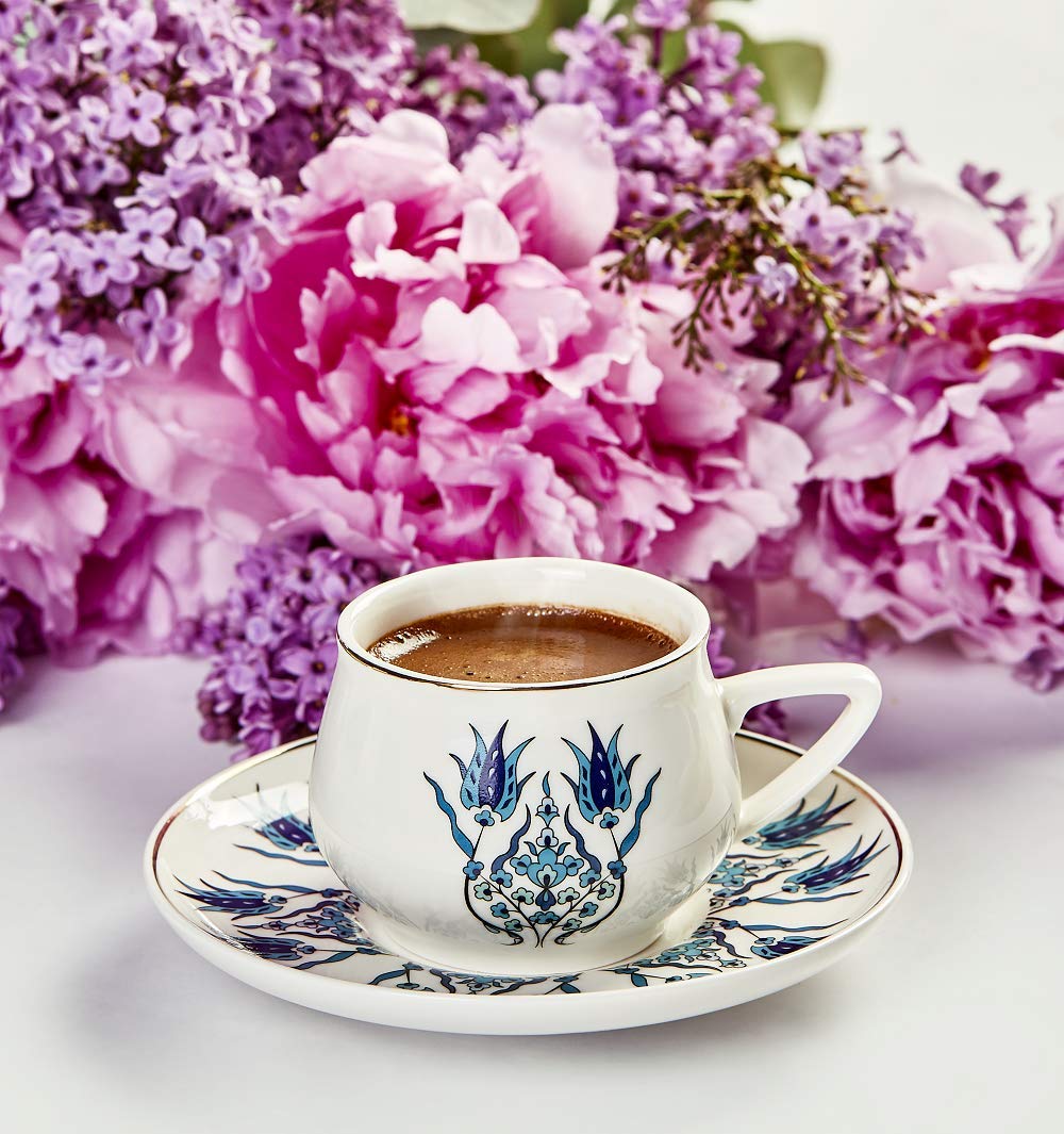 KARACA İznik New Form Set of 6 Coffee Cups 90 cc, Small Porcelain Espresso Cups and Saucers, Turkish Coffee Cup, Set of 6 Demitasse Cups 3 oz Ounce for Specialty Coffee Drinks, Single/Double Espresso