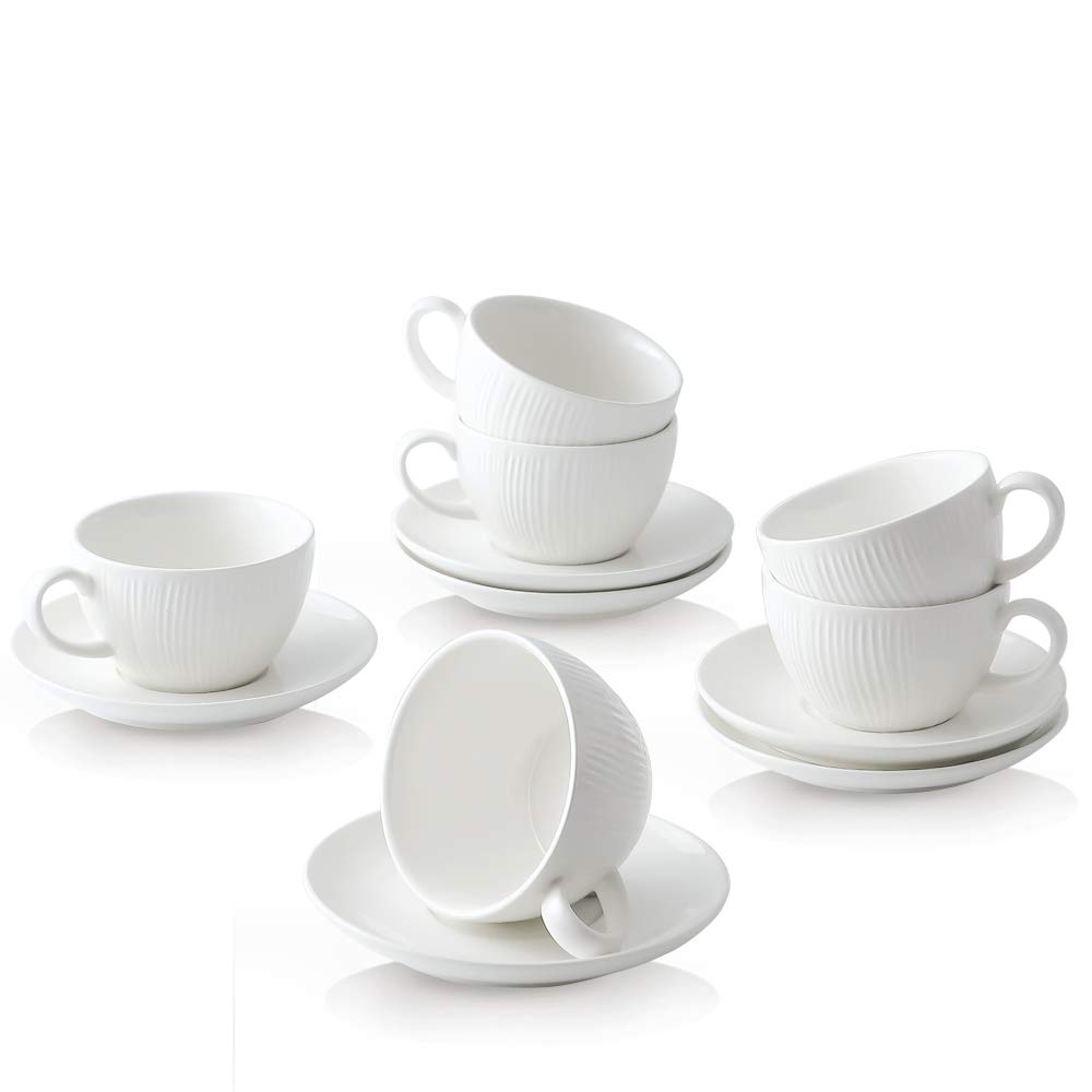 KOOV Latte Cup and Saucer Set of 6, 10 oz Porcelain Cappuccino Cups, Latte Art Cup and Saucer, For Latte, Cafe Mocha, Coffee Shop and Barista (White)