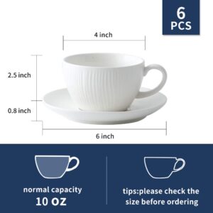 KOOV Latte Cup and Saucer Set of 6, 10 oz Porcelain Cappuccino Cups, Latte Art Cup and Saucer, For Latte, Cafe Mocha, Coffee Shop and Barista (White)