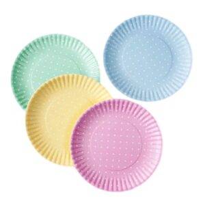 pastel polka dot picnic/dinner plate, 9 inch melamine, set of 4, pink, blue, yellow, green