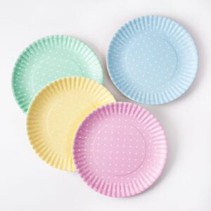 Pastel Polka Dot Picnic/Dinner Plate, 9 Inch Melamine, Set of 4, Pink, Blue, Yellow, Green