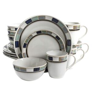 gibson elite casa blanca round reactive glaze stoneware dinnerware set, service for 4 (16pcs), white/blue