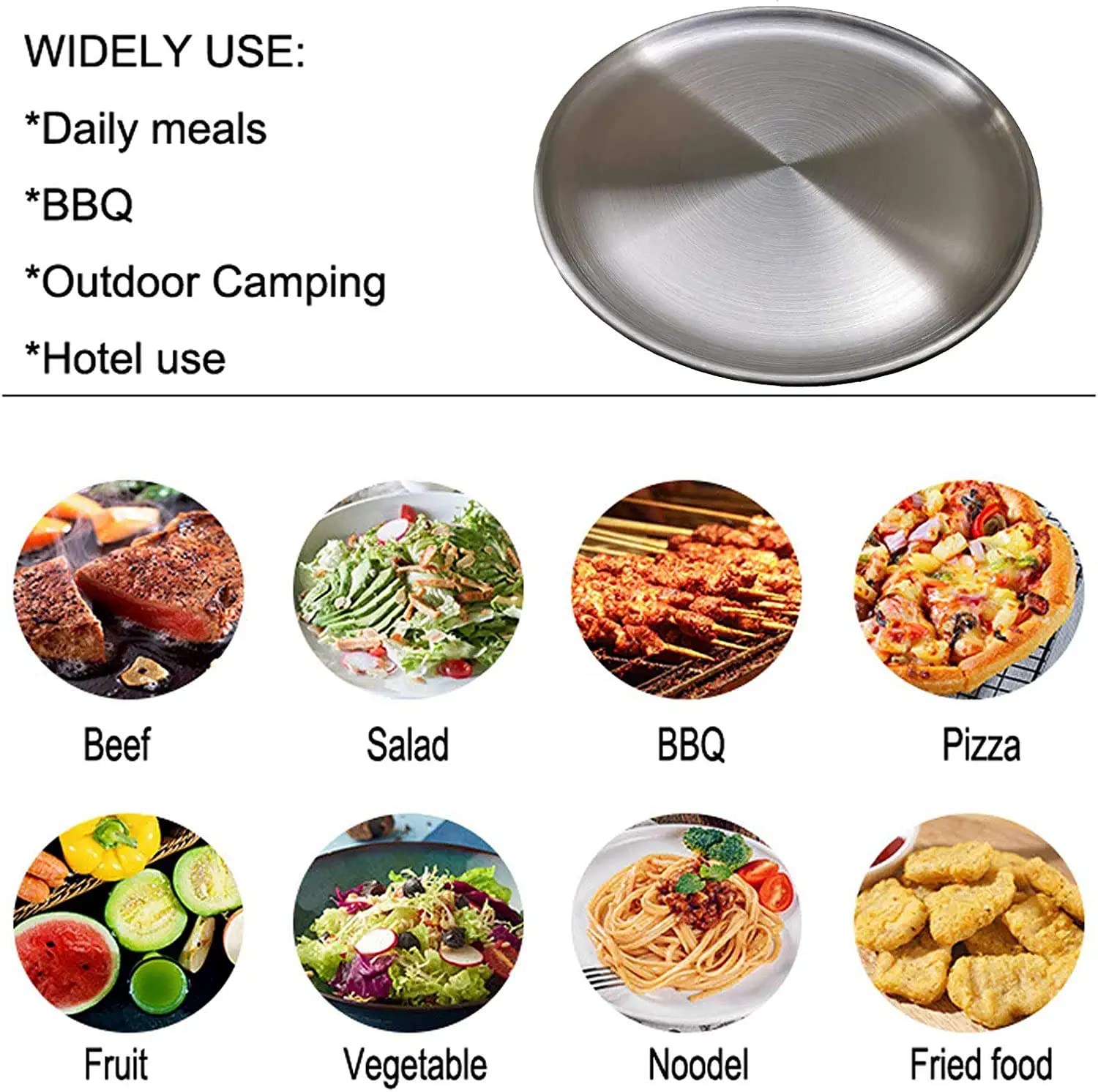 JXHAPY Reusable Brushed Metal Dinner Plates-Stainless Steel Round Plates,Dinner Plate Dish Heavy Duty Kitchenware Round Metal Plates | Dishwasher Safe |Use for BBQ Steak (8 Inch 5 Pack)