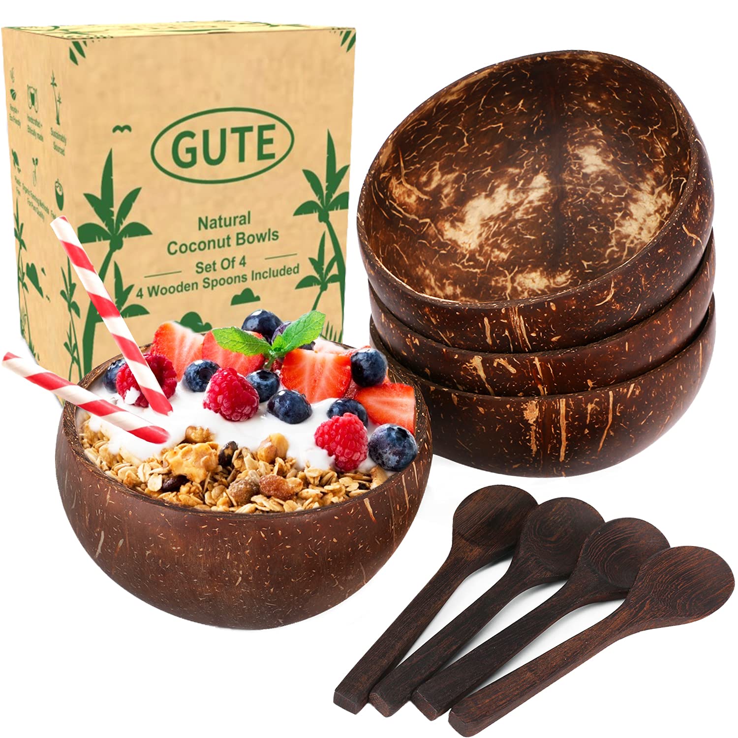 Gute 2 Pack Coconut Bowls with Spoons, Wooden Salad Bowl Sets With Serving Utensils, 100% Natural Reusable Coconut Shell Bowls for Buddha Popcorn, Serving Dishes, Breakfast, Decoration, Party