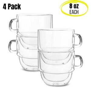 BTaT- Stackable Insulated Coffee Mugs, 4 Pack 8 oz(240 ml), Stackable Cappuccino Cups, Double Wall Glass Coffee Cups, Tea Cups, Latte Cups, Beer Glasses, Latte Mug, Clear Mugs