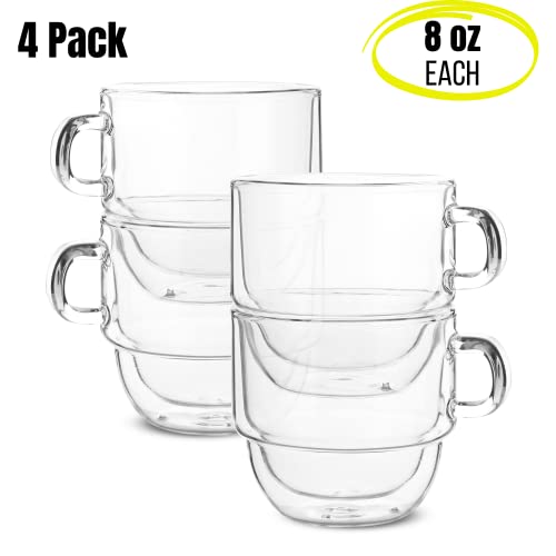 BTaT- Stackable Insulated Coffee Mugs, 4 Pack 8 oz(240 ml), Stackable Cappuccino Cups, Double Wall Glass Coffee Cups, Tea Cups, Latte Cups, Beer Glasses, Latte Mug, Clear Mugs