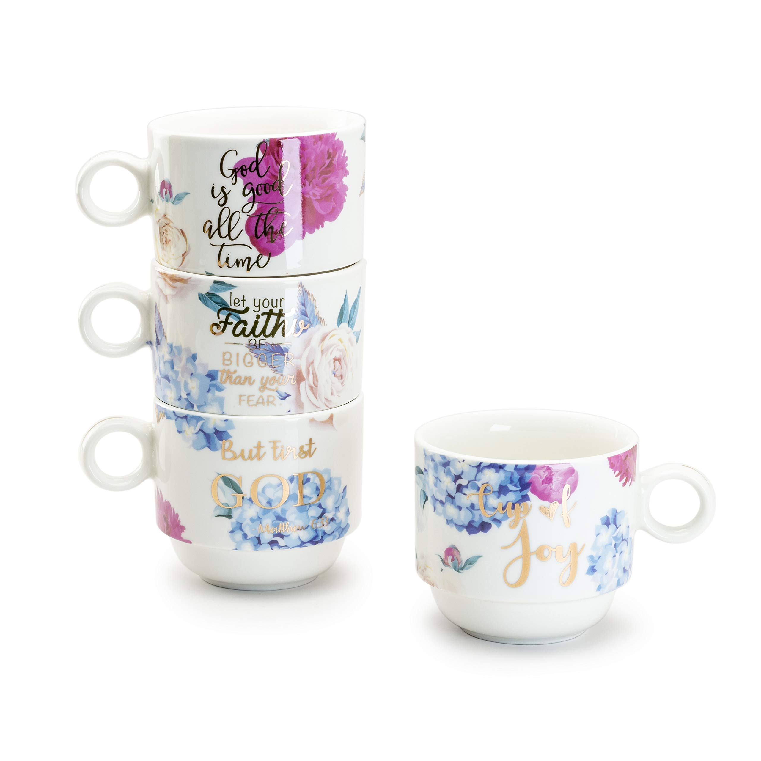 Grace Teaware Stackable Coffee Tea Mug 10-Ounce Set of 4 with Metal Stand (Floral Religious)