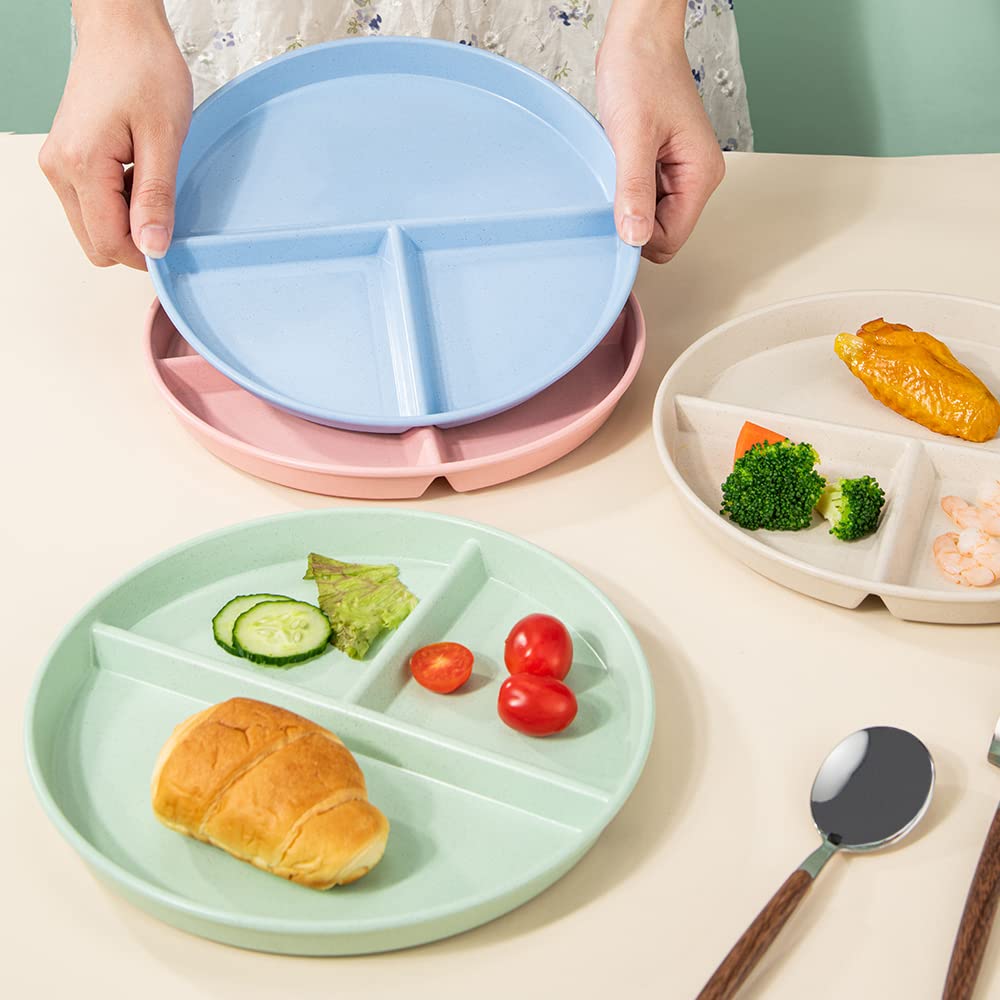 YBOBK HOME Portion Control Plate For Adults Weight Loss, Round Bariatric Portion Control Plate, Reusable Wheat Straw Divided Plate With 3 Compartments, Dishwasher & Microwave Safe (4 Pcs)