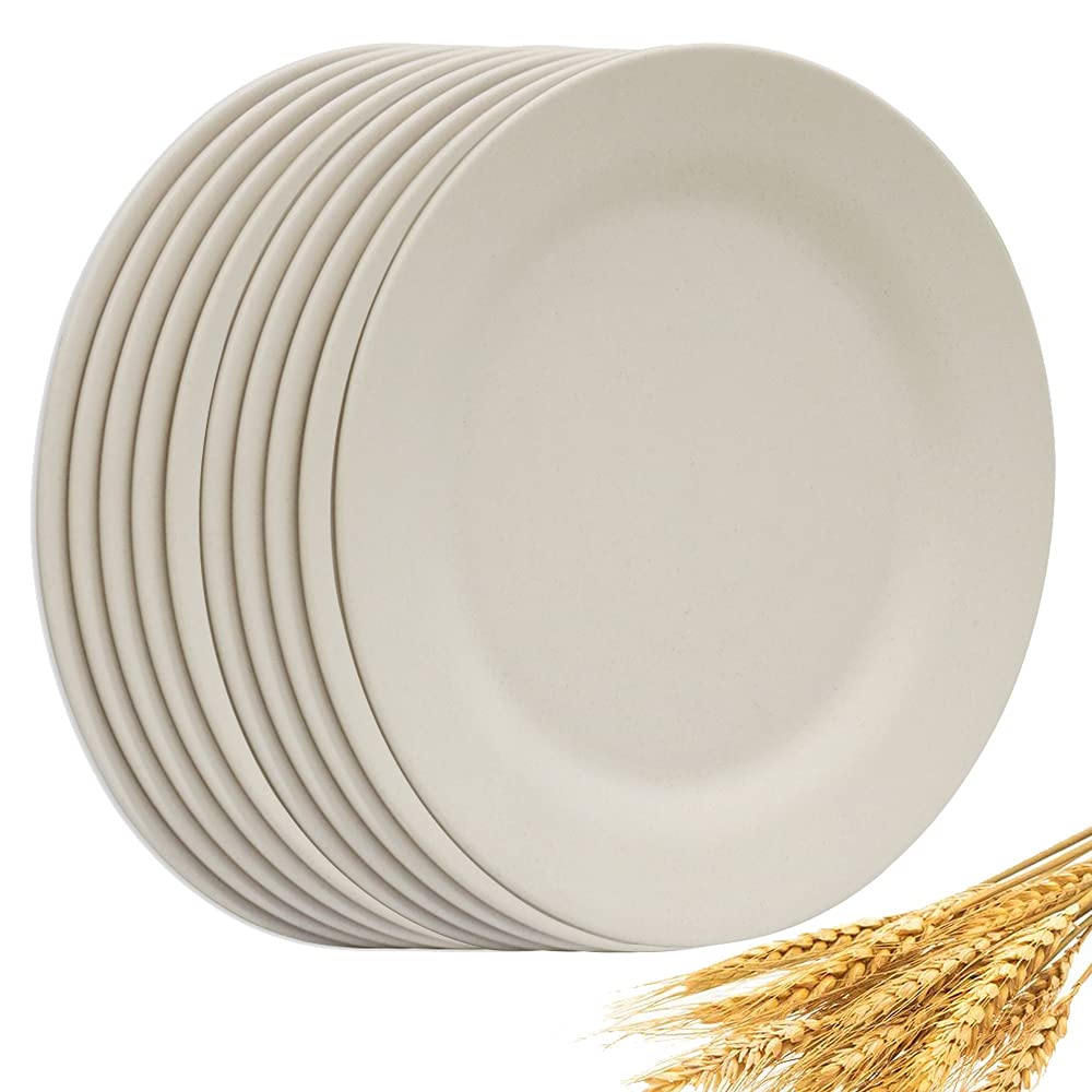 Set of 10 Large Dinner Plates 11 Inch, Reusable Wheat Straw Dessert Dishes, Round Pasta Salad Serving Plate, Unbreakable Kids Fiber Tableware for Party Steak Pizza (Beige)