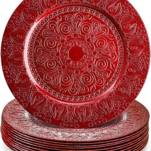 Hacaroa Set of 12 Plastic Round Charger Plates, 13 Inch Red Chargers for Dinner Plates, Antique Wedding Chargers for Table Setting, Holiday, Catering Event, Embossed Patterns