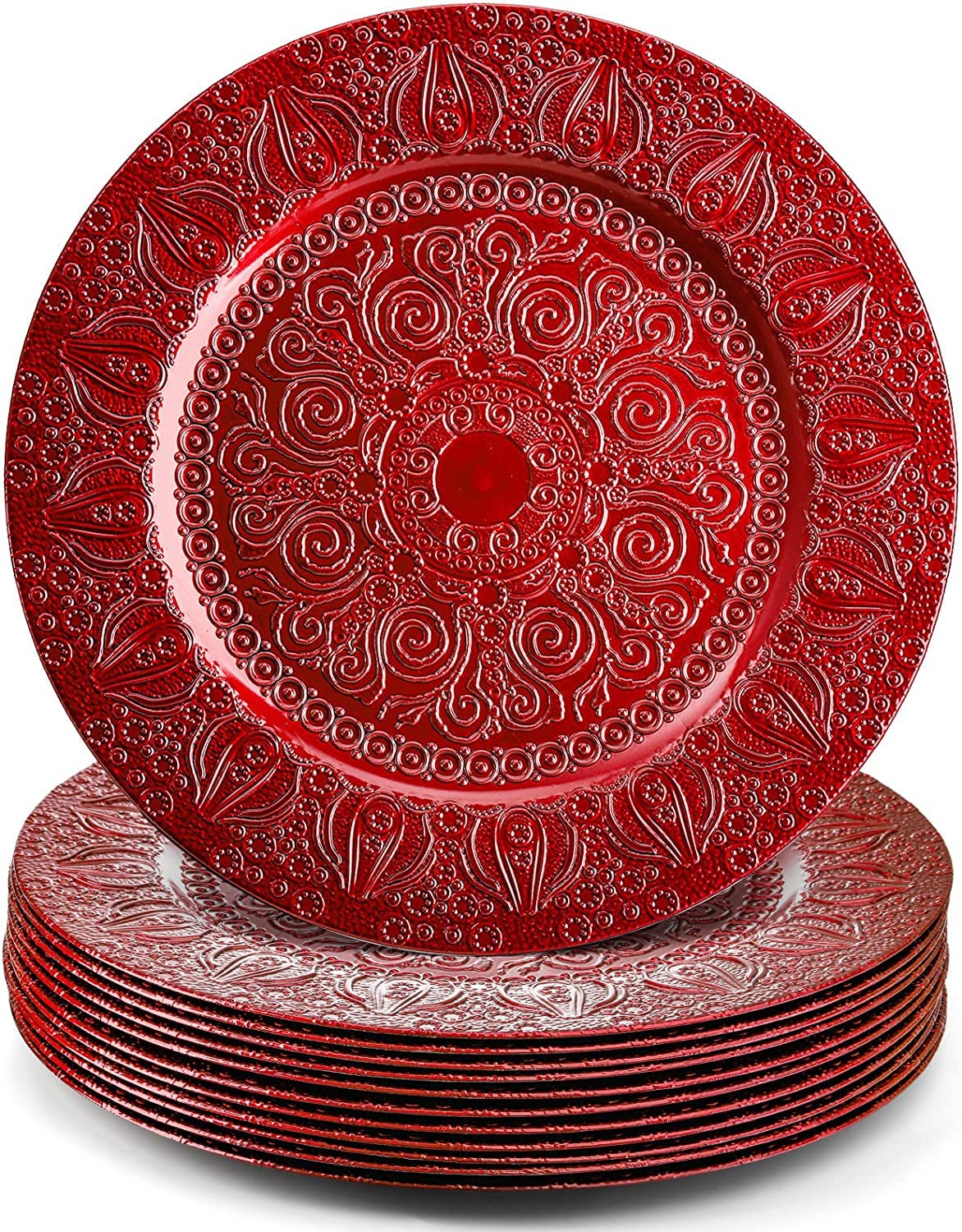 Hacaroa Set of 12 Plastic Round Charger Plates, 13 Inch Red Chargers for Dinner Plates, Antique Wedding Chargers for Table Setting, Holiday, Catering Event, Embossed Patterns