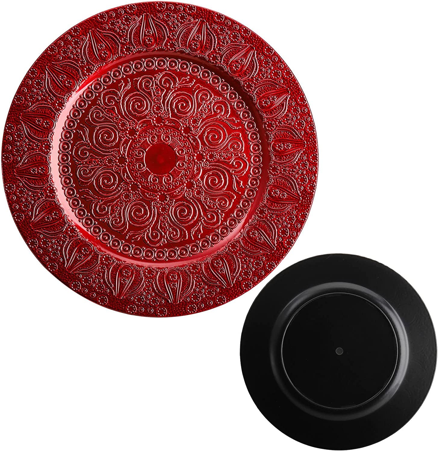 Hacaroa Set of 12 Plastic Round Charger Plates, 13 Inch Red Chargers for Dinner Plates, Antique Wedding Chargers for Table Setting, Holiday, Catering Event, Embossed Patterns