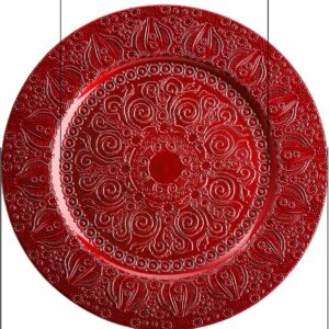 Hacaroa Set of 12 Plastic Round Charger Plates, 13 Inch Red Chargers for Dinner Plates, Antique Wedding Chargers for Table Setting, Holiday, Catering Event, Embossed Patterns