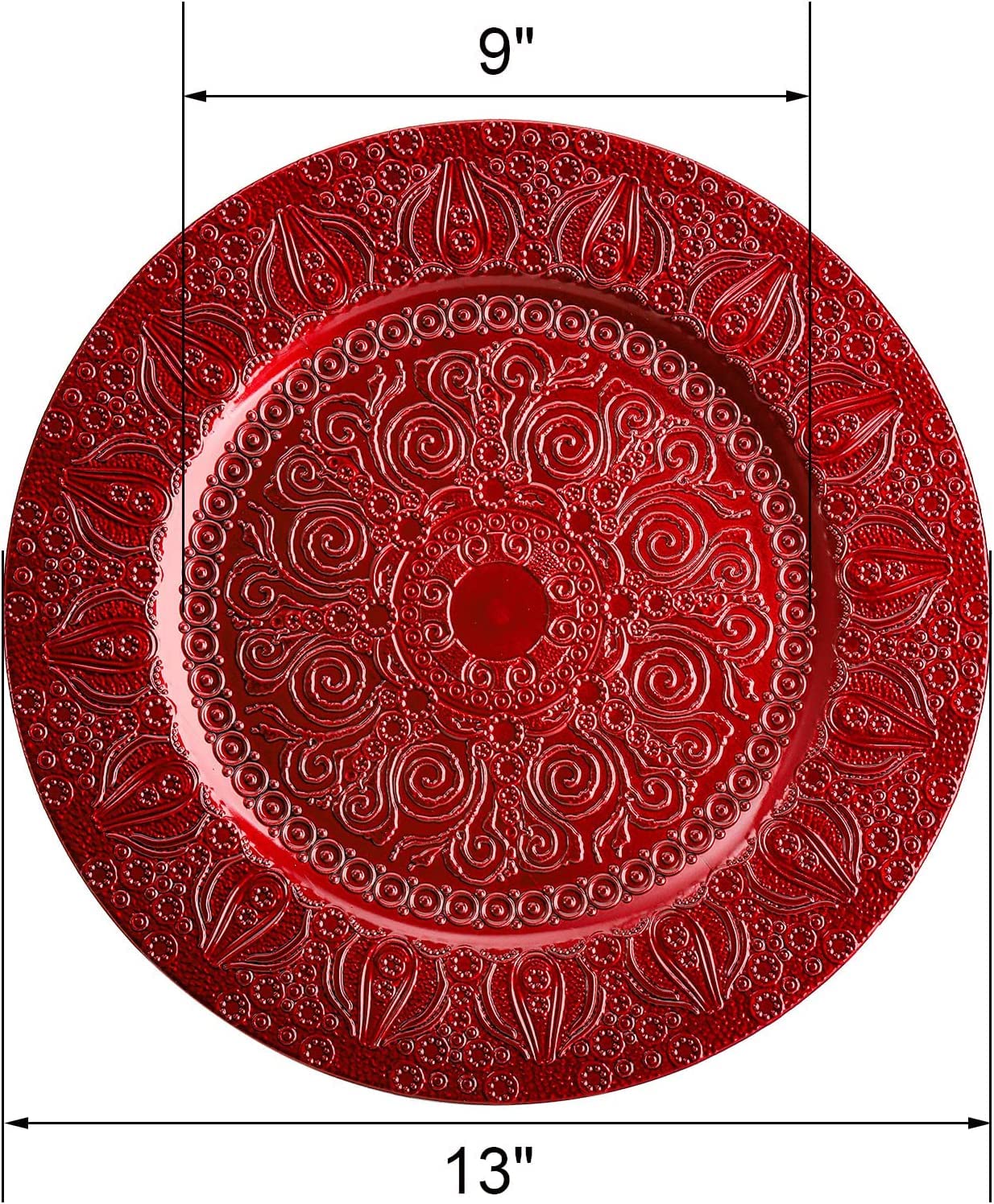 Hacaroa Set of 12 Plastic Round Charger Plates, 13 Inch Red Chargers for Dinner Plates, Antique Wedding Chargers for Table Setting, Holiday, Catering Event, Embossed Patterns