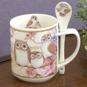 Bits and Pieces - 10 OZ Owl Mug with Teaspoon - Coffee and Tea Mug Comes in Beautiful Gift Box