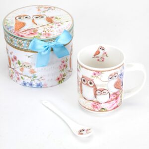 Bits and Pieces - 10 OZ Owl Mug with Teaspoon - Coffee and Tea Mug Comes in Beautiful Gift Box