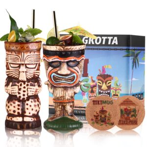 sun gkotta cocktail tiki mugs set of 2 - ceramic tiki cups,tiki mug cute exotic cocktail glasses with straws and coaster, tiki glasses for cocktails and tiki bar