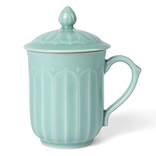 Tingyework Porcelain Lotus Tea Cup with Lid and Handle, 12 oz Unique Coffee Mug, Microwave Dishwasher Safe, Gifts for Women and Men, Aesthetic Chinese Celadon 1 Pack (Sky Blue)