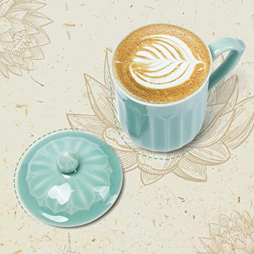 Tingyework Porcelain Lotus Tea Cup with Lid and Handle, 12 oz Unique Coffee Mug, Microwave Dishwasher Safe, Gifts for Women and Men, Aesthetic Chinese Celadon 1 Pack (Sky Blue)