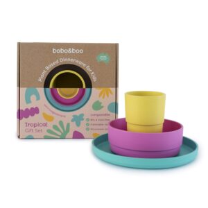 bobo&boo plant-based dinnerware set for kids | microwave & dishwasher safe | bpa & melamine free | reusable kids 3 piece set cup, plate and bowl - tropical