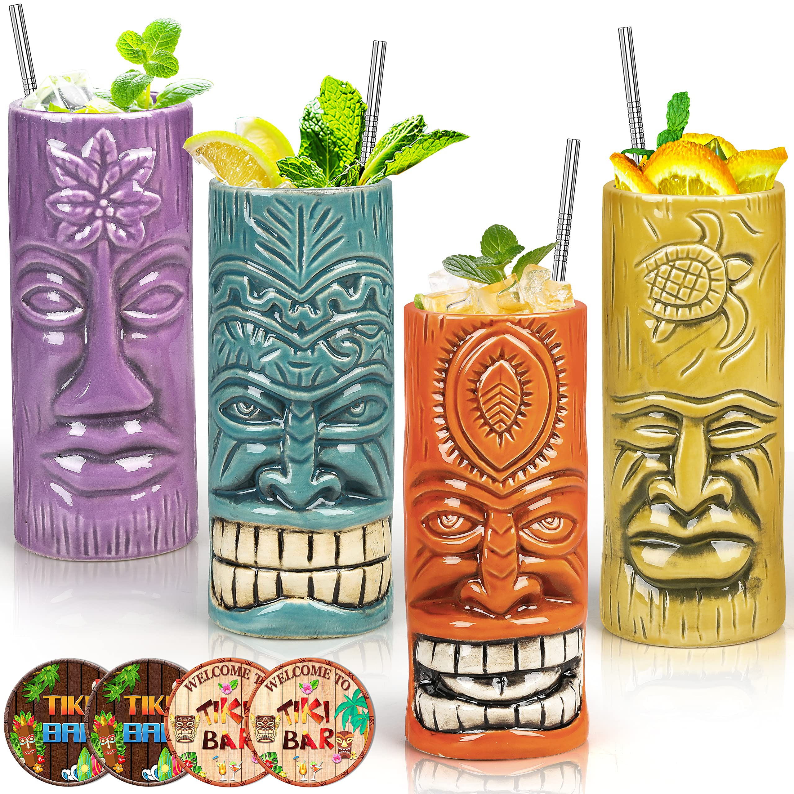 SuproBarware Tiki Mugs Set of 4– Ceramic Hawaiian Party Mugs Large Drinkware, Tiki Bar Mugs for Cocktails, Tropical Cups Drinks for Exotic Party