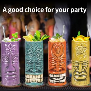 SuproBarware Tiki Mugs Set of 4– Ceramic Hawaiian Party Mugs Large Drinkware, Tiki Bar Mugs for Cocktails, Tropical Cups Drinks for Exotic Party