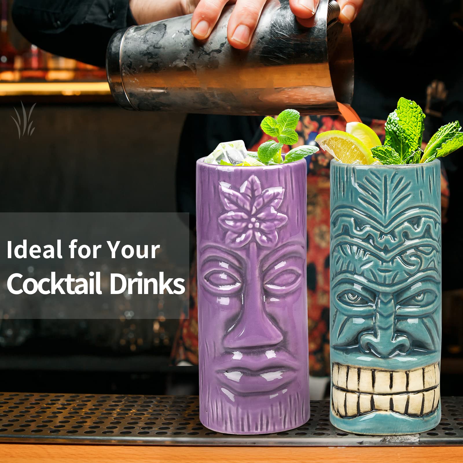 SuproBarware Tiki Mugs Set of 4– Ceramic Hawaiian Party Mugs Large Drinkware, Tiki Bar Mugs for Cocktails, Tropical Cups Drinks for Exotic Party