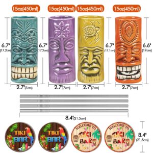 SuproBarware Tiki Mugs Set of 4– Ceramic Hawaiian Party Mugs Large Drinkware, Tiki Bar Mugs for Cocktails, Tropical Cups Drinks for Exotic Party