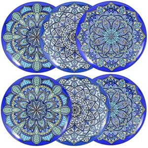 bfu 8 inch porcelain dinner plates, vintage blue plates set of 6 for dessert,salad,pasta, pancakes, steak,appetizer,microwave safe dinnerware - bohemian style