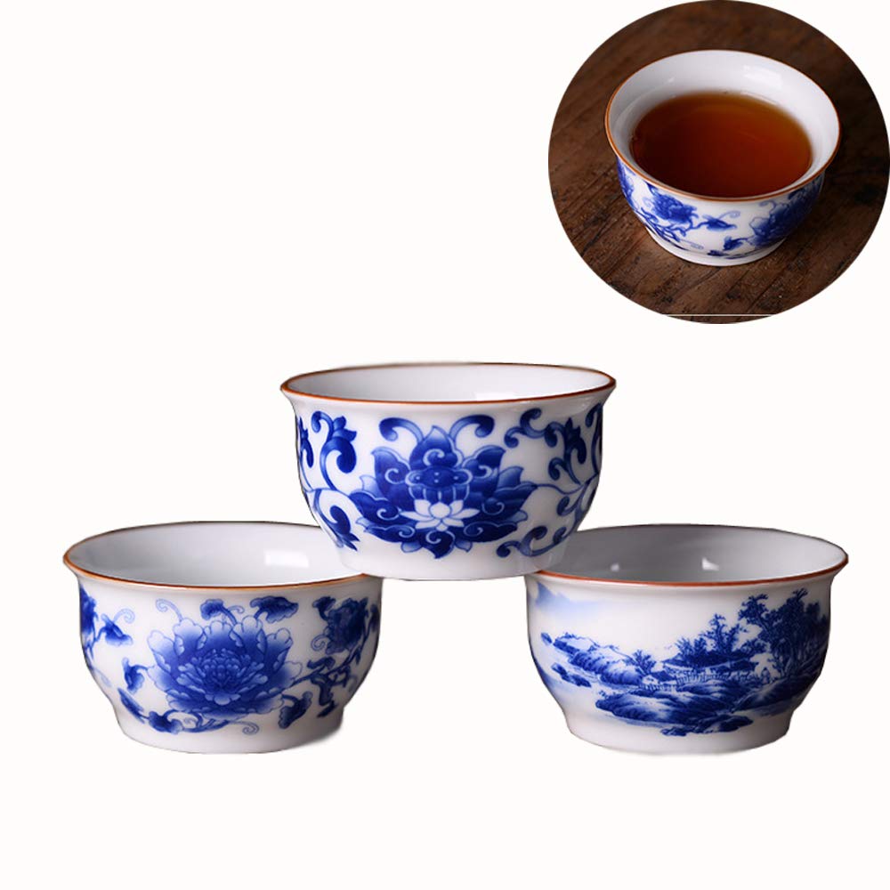 Woonsoon Chinese Handmade Kungfu Tea Cup 60 ml,Bone China Blue and White Tea Cups Set of 3,Ceramic Tea Mugs Without Handles,Best Gift