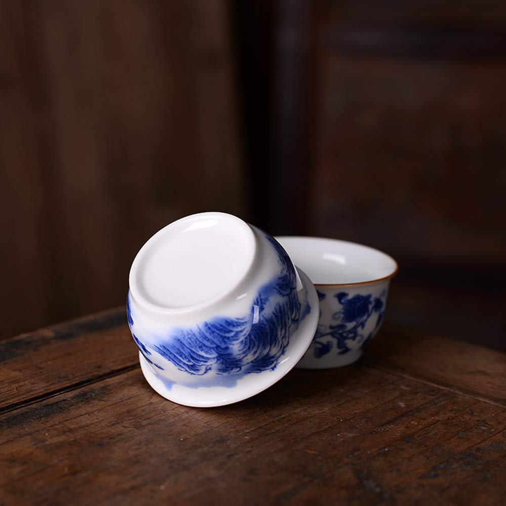 Woonsoon Chinese Handmade Kungfu Tea Cup 60 ml,Bone China Blue and White Tea Cups Set of 3,Ceramic Tea Mugs Without Handles,Best Gift