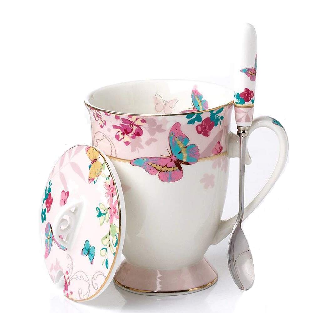 YBK Tech Euro Style Porcelain Tea Cup Coffee Mug with Lid for Breakfast Home Kitchen (((Butterflies Pattern) (Pink)))