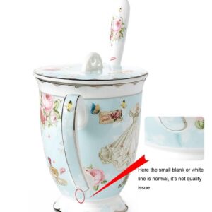 YBK Tech Euro Style Porcelain Tea Cup Coffee Mug with Lid for Breakfast Home Kitchen (((Butterflies Pattern) (Pink)))