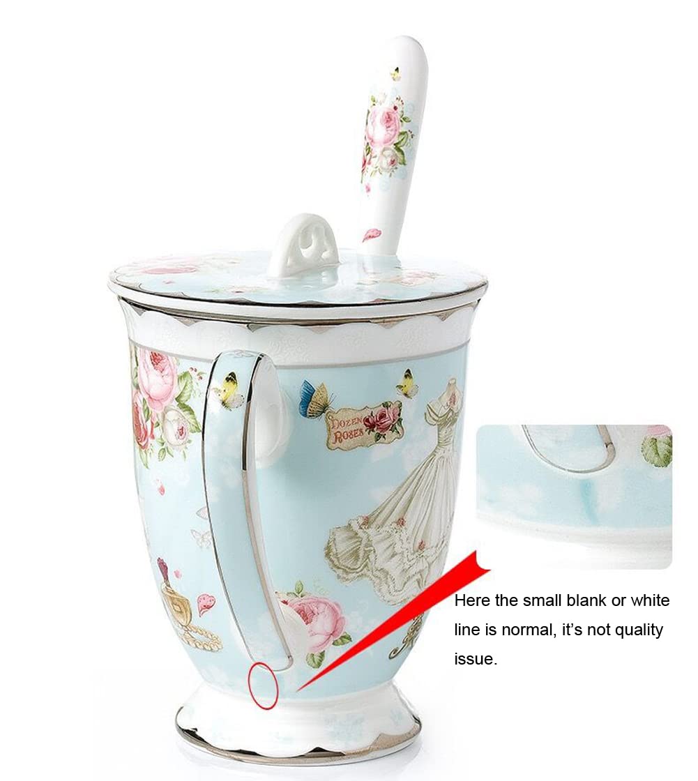 YBK Tech Euro Style Porcelain Tea Cup Coffee Mug with Lid for Breakfast Home Kitchen (((Butterflies Pattern) (Pink)))