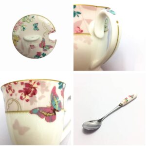 YBK Tech Euro Style Porcelain Tea Cup Coffee Mug with Lid for Breakfast Home Kitchen (((Butterflies Pattern) (Pink)))