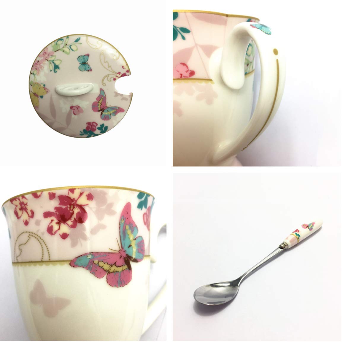 YBK Tech Euro Style Porcelain Tea Cup Coffee Mug with Lid for Breakfast Home Kitchen (((Butterflies Pattern) (Pink)))