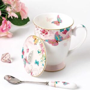 YBK Tech Euro Style Porcelain Tea Cup Coffee Mug with Lid for Breakfast Home Kitchen (((Butterflies Pattern) (Pink)))