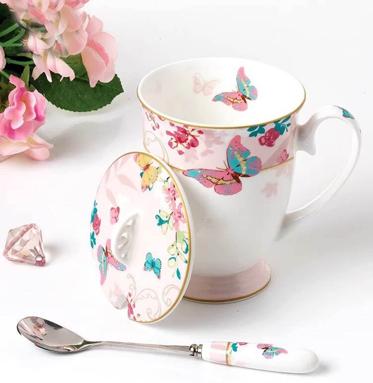 YBK Tech Euro Style Porcelain Tea Cup Coffee Mug with Lid for Breakfast Home Kitchen (((Butterflies Pattern) (Pink)))