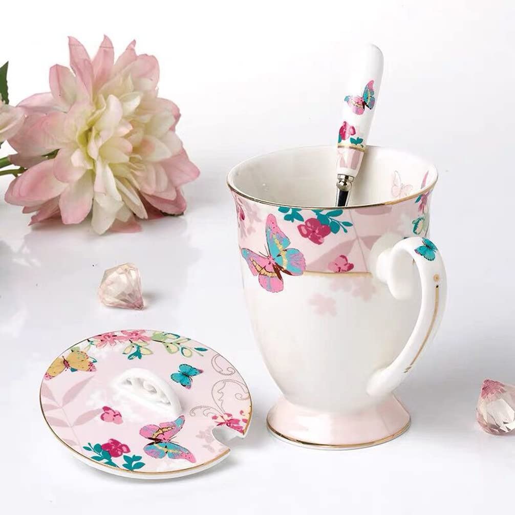 YBK Tech Euro Style Porcelain Tea Cup Coffee Mug with Lid for Breakfast Home Kitchen (((Butterflies Pattern) (Pink)))