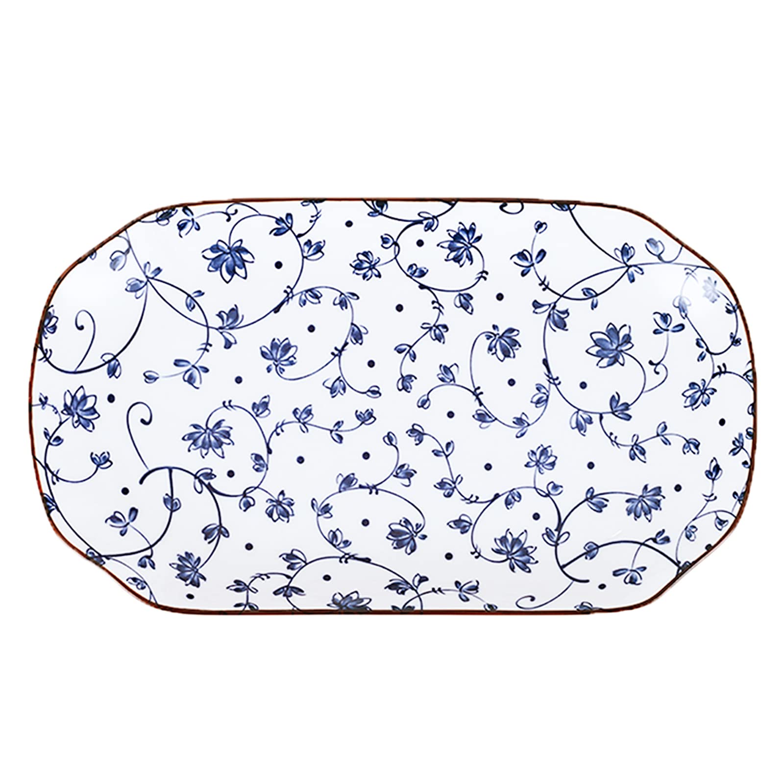 Gegong 12 inch Fish Plate Blue and White Porcelain Dish Serving Plate Floral Dinner Shallow Plate Appetizer Salad Dessert Snack Plate (Tang Grass)