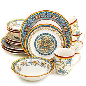 euro ceramica duomo 16 piece stoneware dinnerware set, service for 4 – thanksgiving-fall-summer dishes - floral design, multicolor