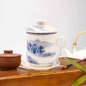 HODRME Chinese Porcelain Tea Mug-4 PCS Kit JingDeZhen Handmade Ceramic Kung Fu Tea Cup with Loose Leaf Tea Brewing System For Home Office Kitchen (Style B)