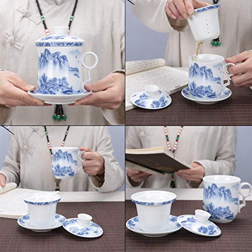 HODRME Chinese Porcelain Tea Mug-4 PCS Kit JingDeZhen Handmade Ceramic Kung Fu Tea Cup with Loose Leaf Tea Brewing System For Home Office Kitchen (Style B)