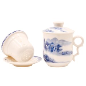 HODRME Chinese Porcelain Tea Mug-4 PCS Kit JingDeZhen Handmade Ceramic Kung Fu Tea Cup with Loose Leaf Tea Brewing System For Home Office Kitchen (Style B)