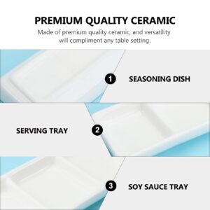 6 Inch Pure White Ceramic 3-Compartment Appetizer Serving Tray Rectangular Divided Sauce Dishes for Spice Dish Soy Sauce