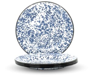 red co. set of 4 enamelware metal classic 10" round dinner plate, navy blue marble/black rim - splatter design