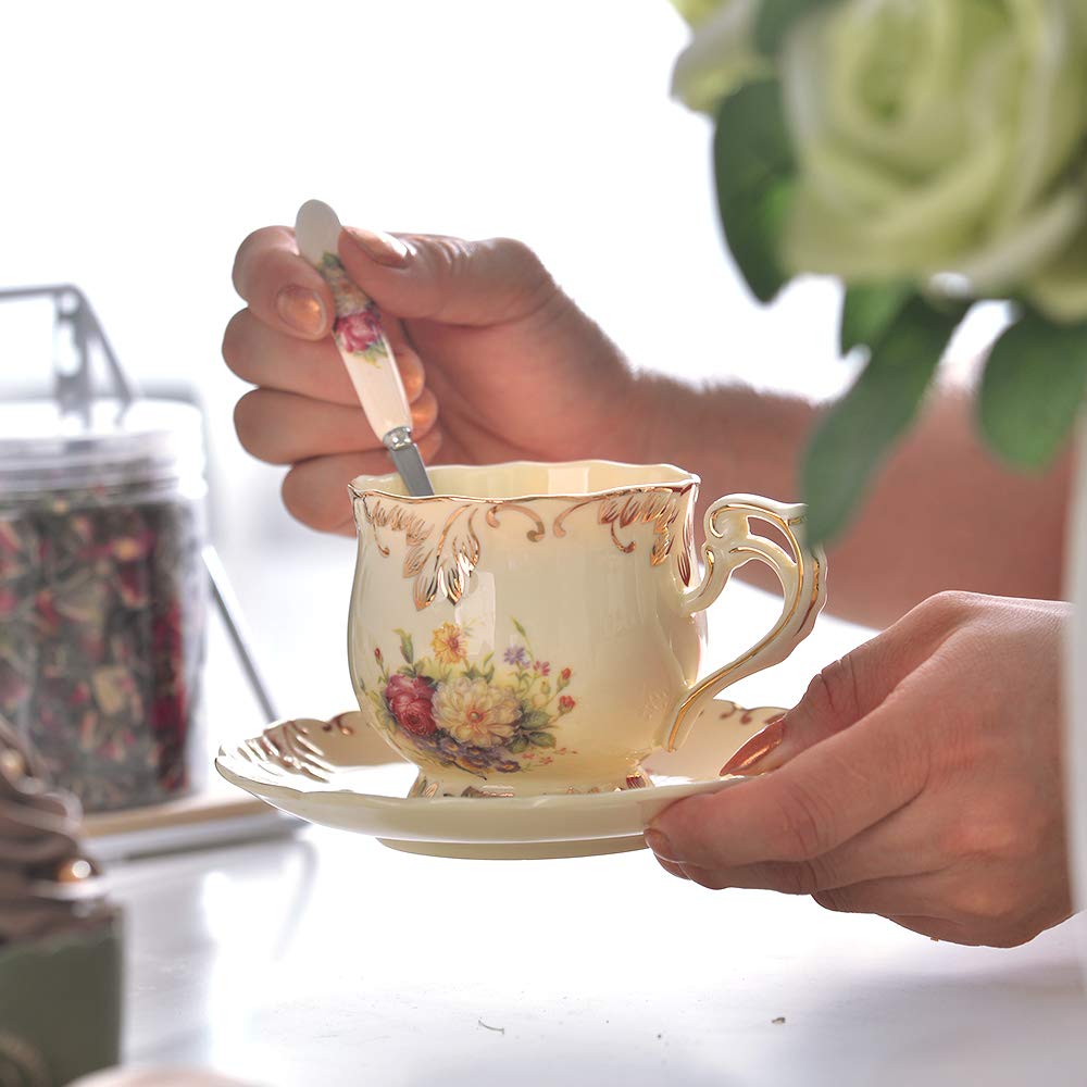 YOLIFE Tea Cup and Saucer Set, 8 oz Tea Cup Set, Teacup, Ceramic Tea Cup with Saucer Spoon, Vintage Ivory Flowering Shrubs with Gold Leaves Trim, Gifts for Women