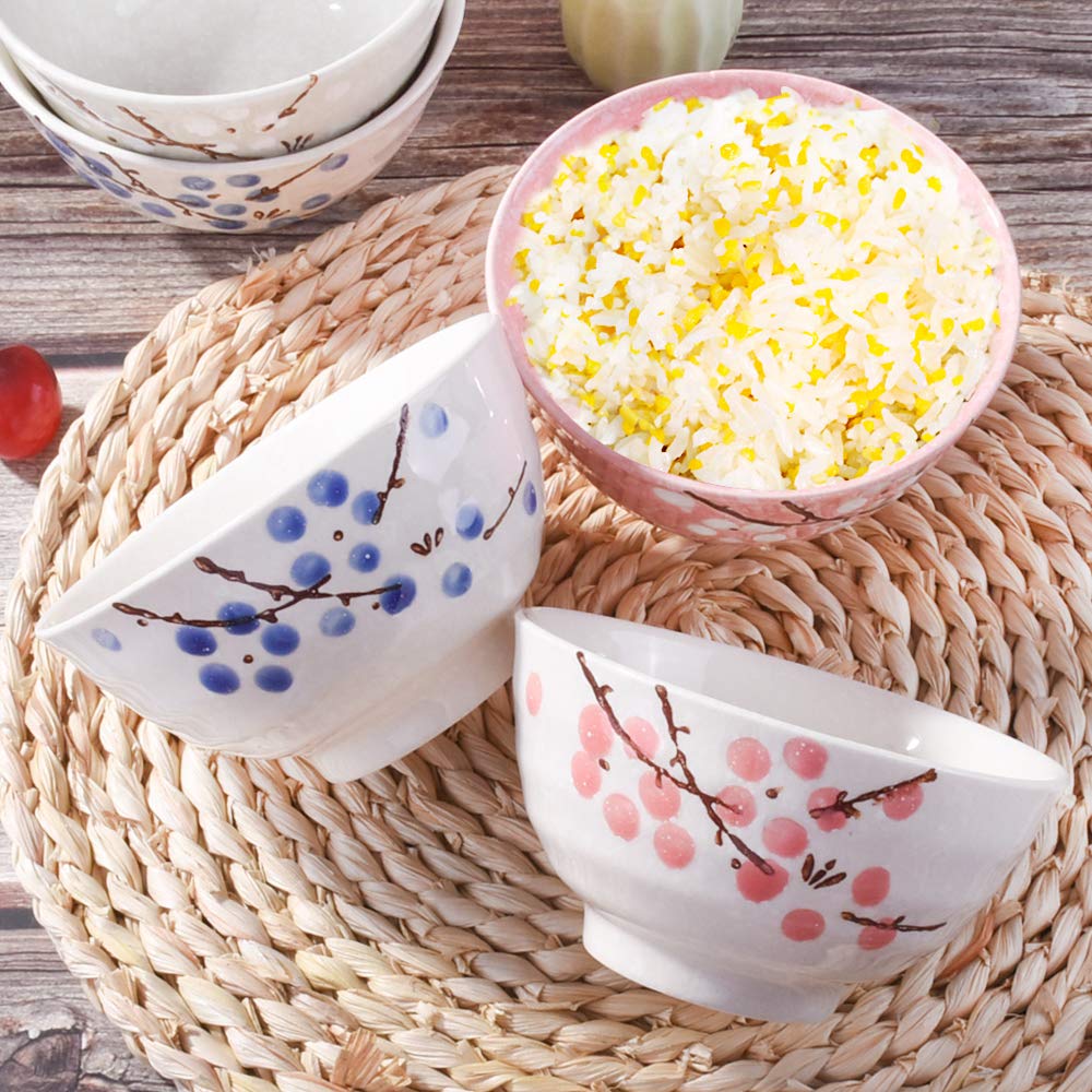 Whitenesser Japanese Rice Bowls Set of 4 - Japanese Style Hand-painted Floral Plum Ceramic Bowls set of 4 Color For Dessert Snack Cereal Soup