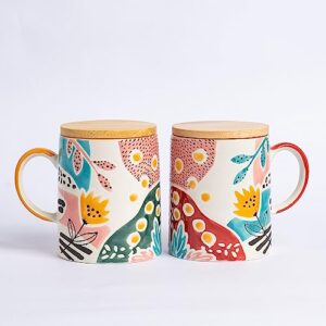 taimei teatime ceramic coffee mug with lid, mug set of 2, 17.6oz coffee mug with handle, large mug for coffee latte, tea, handpainted floral mugs for women, dishwasher safe and microwaveable